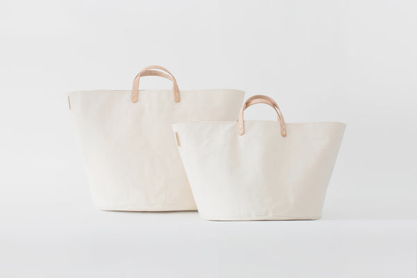 Sturdy Canvas Fabric Round Baskets with Leather Handles | Natural ...