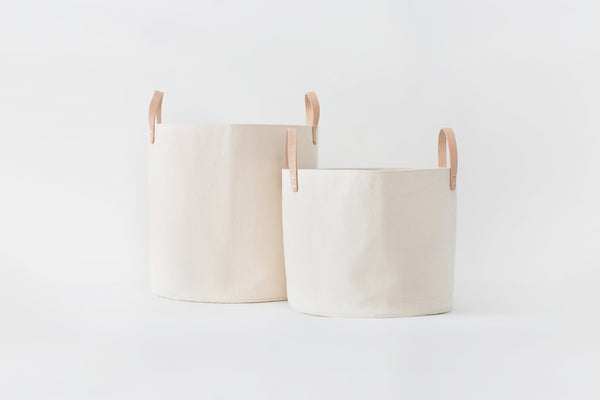 Sturdy Canvas Fabric Round Baskets with Leather Handles | Natural ...